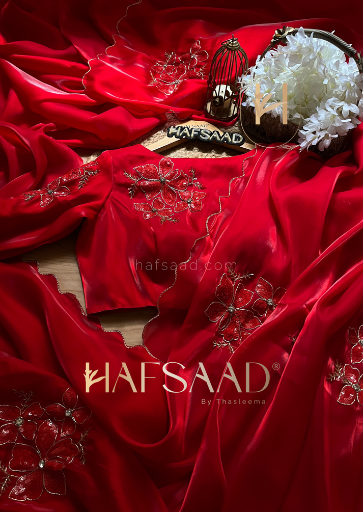 Nina- Handwork satin organza Saree (Red) – Hafsaad