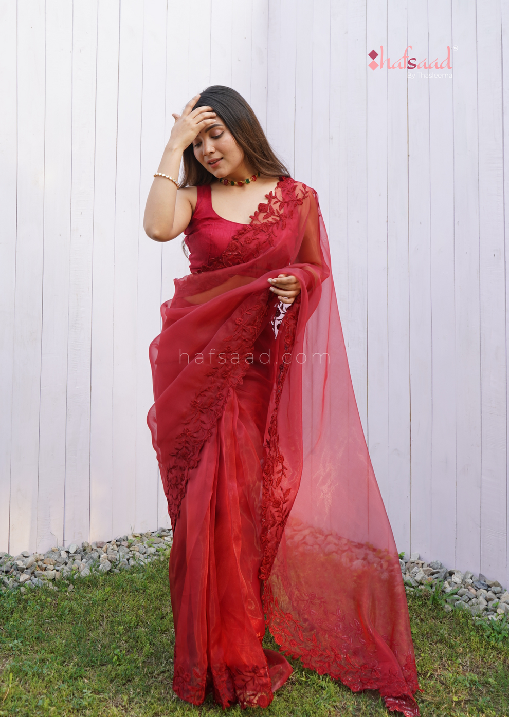 Roop- Organza saree (Maroon) – Hafsaad